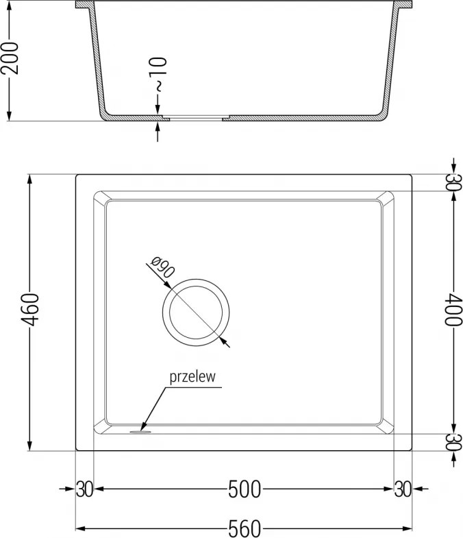Mexen Pedro, granitový dřez 560x460x200 mm, 1-komorový, černá-zlatá metalíza se zlatým sifonem, 6508561000-75-G
