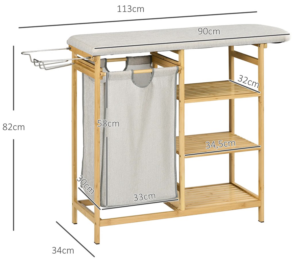 HOMCOM Koš na prádlo 57,4 l Koš na prádlo s žehlicím prknem a žehličkou, box na prádlo s tříúrovňovou policí, výsuvnou a vyjímatelnou taškou | Aosom.…