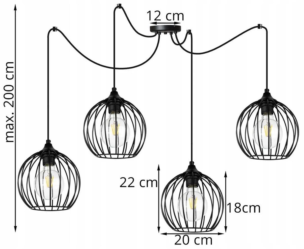 Závěsné svítidlo Toronto Spider, 4x černé drátěné stínítko