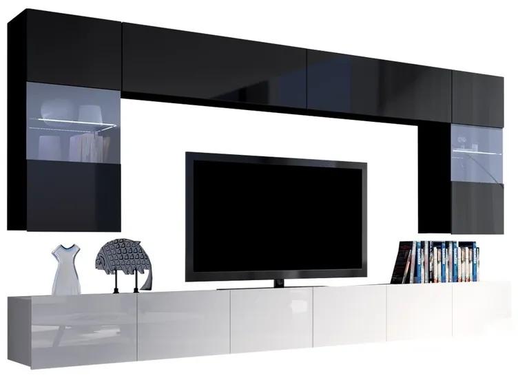 Obývací stěna Bralani I, Barva: černá + černá lesk / bílá + bílá lesk, Osvětlení: osvětlení LED - modré