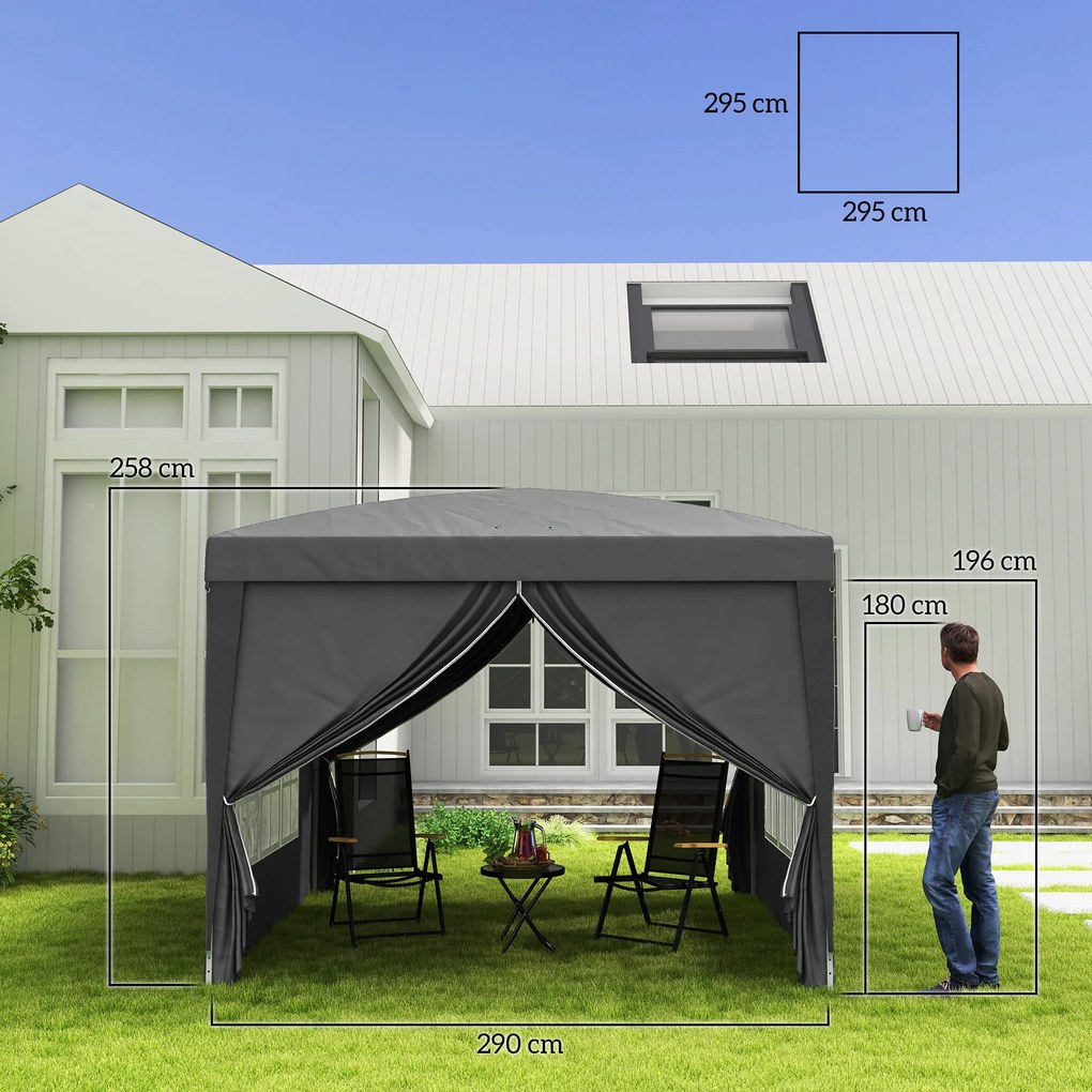 Zahradní přístřešek Outsunny Pop-Up Skládací Recepční Stan 3 x 3m se 4 Odnímatelnými Bočními Stěnami + Šedý Přenosný Obal