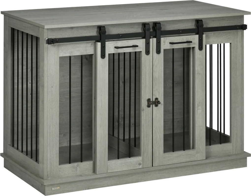 PawHut Psí Obojek s Možností Dvou Místností, Moderní Kovový Box pro Psy s 2 Dveřmi, Psí Dům pro Velké Psy do 30 kg, Psí Dům 120 x 60 x 88,5 cm Šedý |