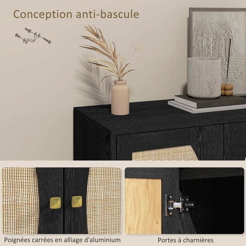 HOMCOM Buffet Skříňka s Dvojitými Dveřmi v Boho Stylu, 2 Úrovně, Ratanový Přední Panel 80 x 38 x 79 cm Černá