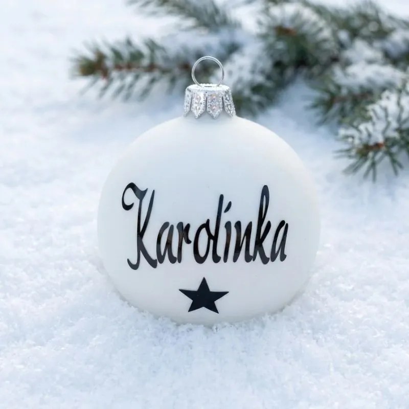Skleněná vánoční baňka se jménem - bílá/černá 7 cm