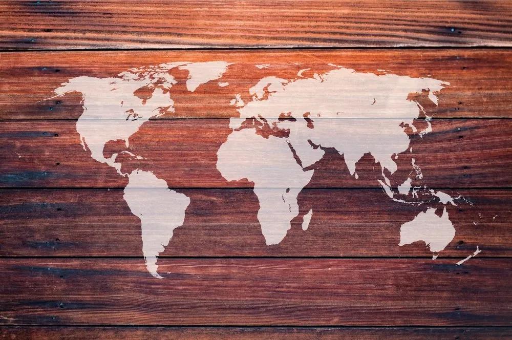 Samolepící tapeta mapa světa s dřevěným pozadím - 225x150 cm