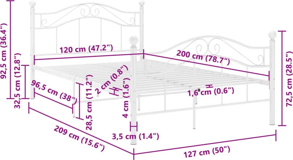 vidaXL Rám postele kov 120 x 200 cm [324994] Barva: Bílá