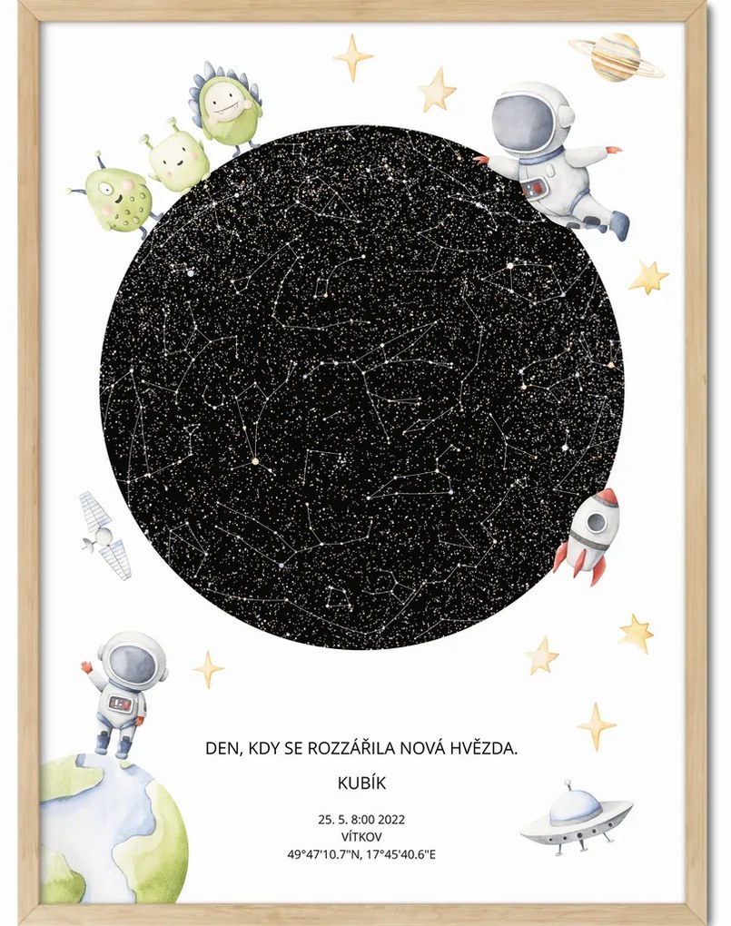 Hvězdná mapa Vašeho životního okamžiku Rozměr plakátu: 30 x 40 cm, Barva pozadí: Vesmírná, Volba rámu: Bílý dřevěný rám
