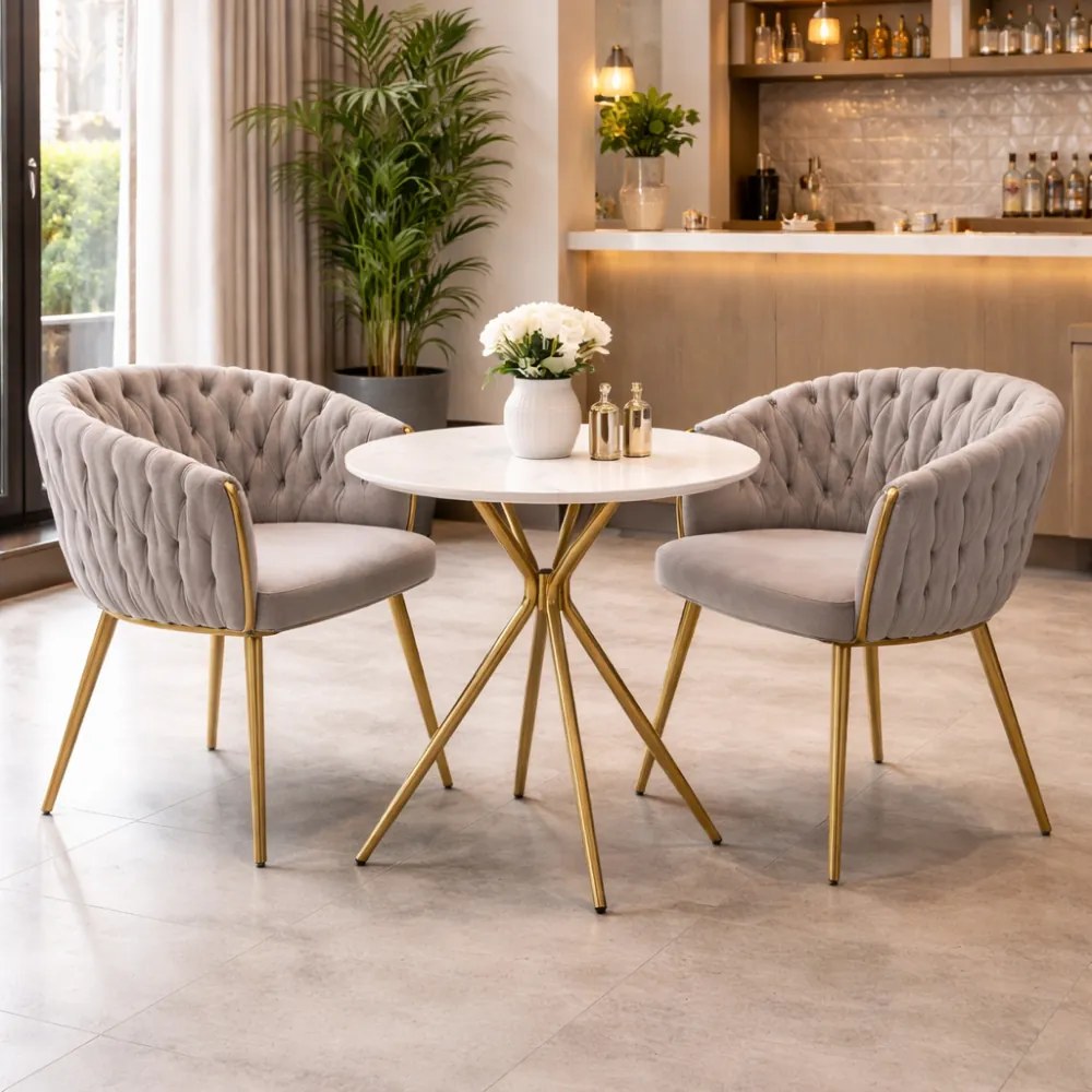 Jídelní stůl, bílý mramor/gold chrom zlatá, průměr 90 cm, MEKNER