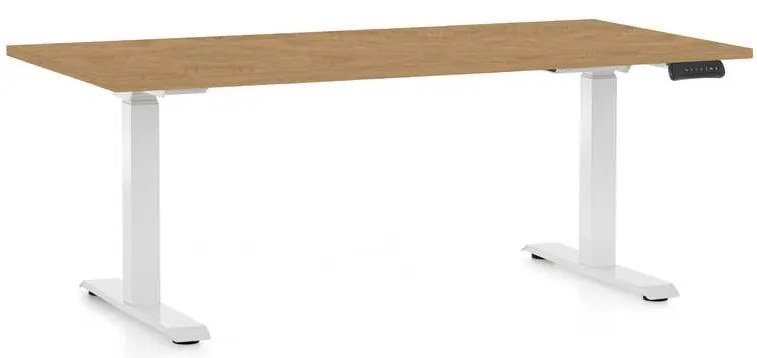 Výškově nastavitelný stůl OfficeTech D, 160 x 80 cm, bílá podnož, dub kamenný