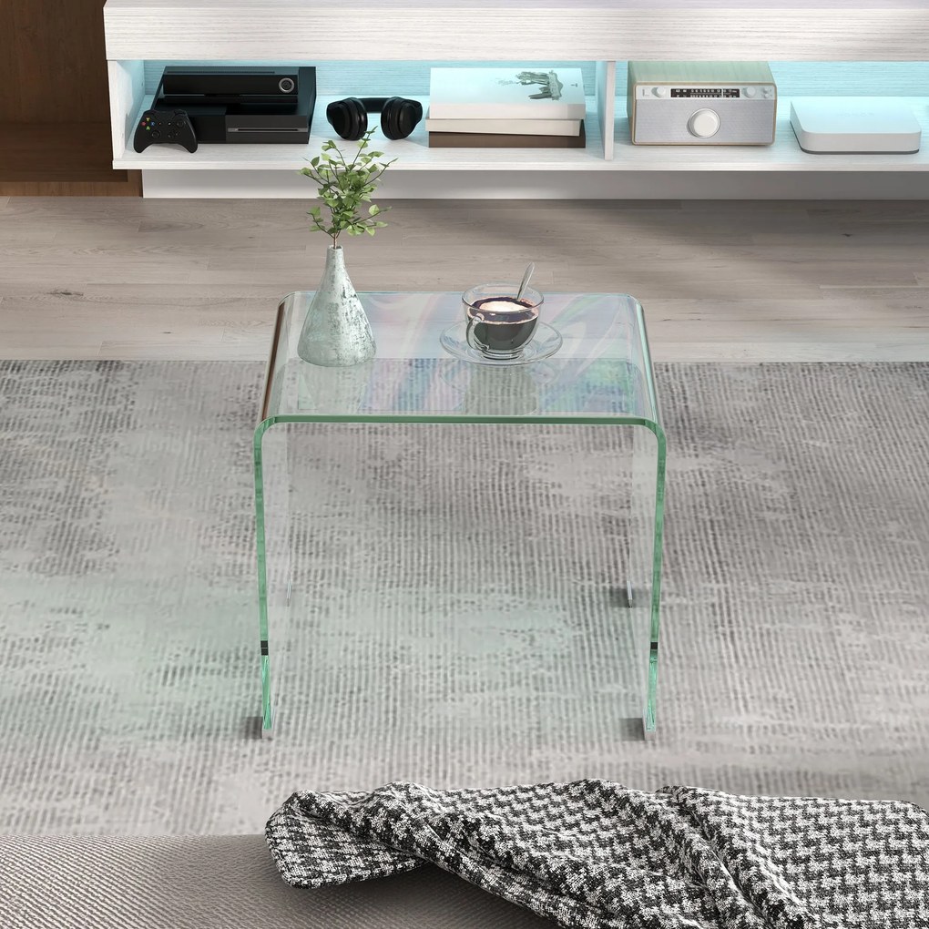 HOMCOM Moderní skleněný konferenční stolek s monoblok designem a protiskluzovými nohami, tvrzené sklo, 50x40x45 cm, průhledný