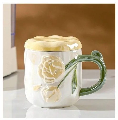 Flamenco Mystique Keramický hrnek s květinovým motivem a víkem, žlutý, 450 ml, 9,2 x 9,6 cm