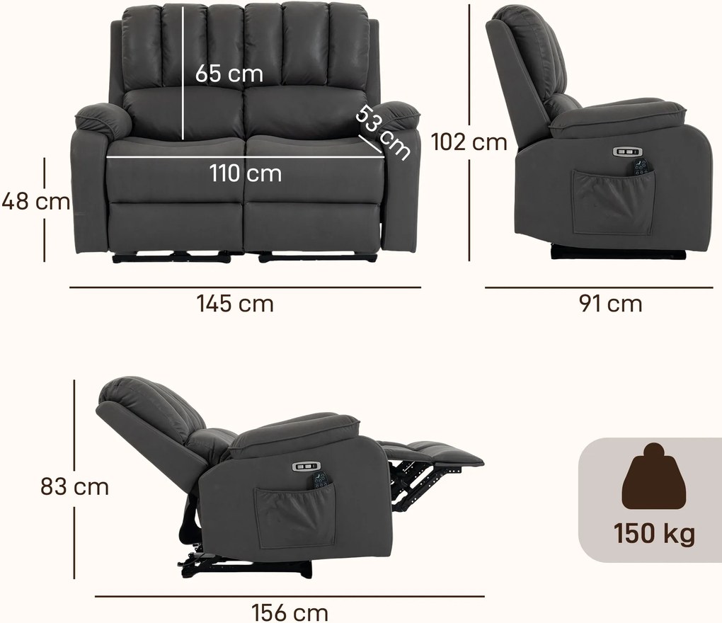 HOMCOM 2-místná elektrická relaxační pohovka z Leathaire s masážní a vyhřívací funkcí, 2 dálkové ovladače, USB-/USB-C porty