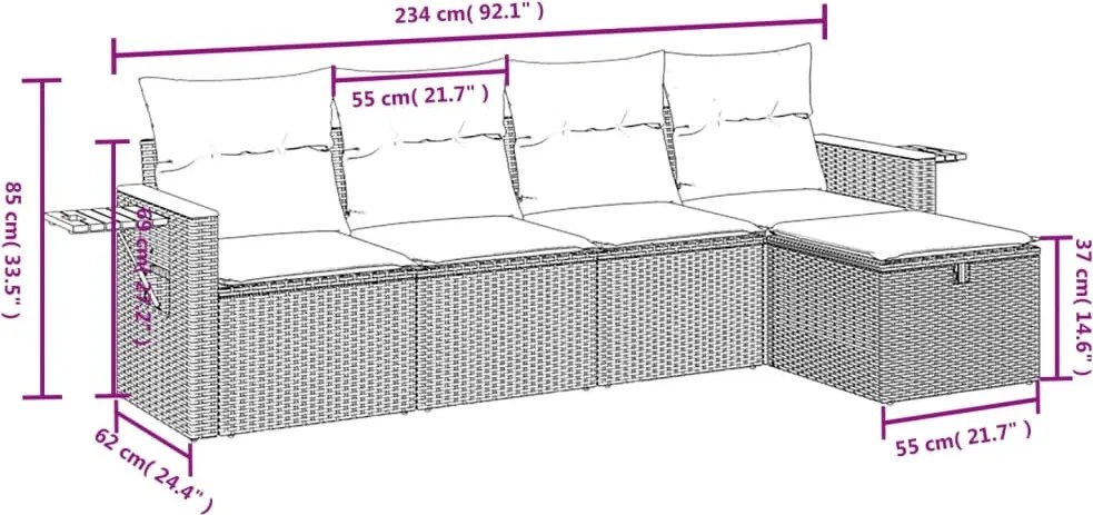 5dílná zahradní sedací souprava s poduškami černá polyratan 3265501