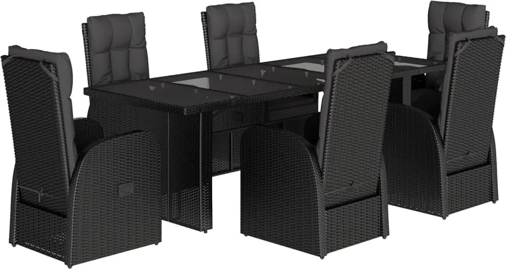 7dílný zahradní jídelní set s poduškami černý polyratan 3277640