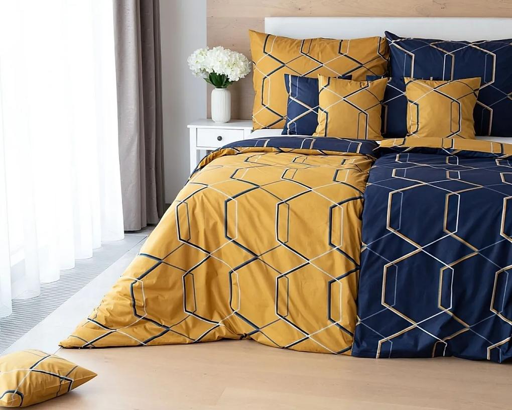 Matějovský povlečení RICCI, geometrický vzor, modro-tmavě žlutá, bavlna hladká, 140x200cm + 70x90cm