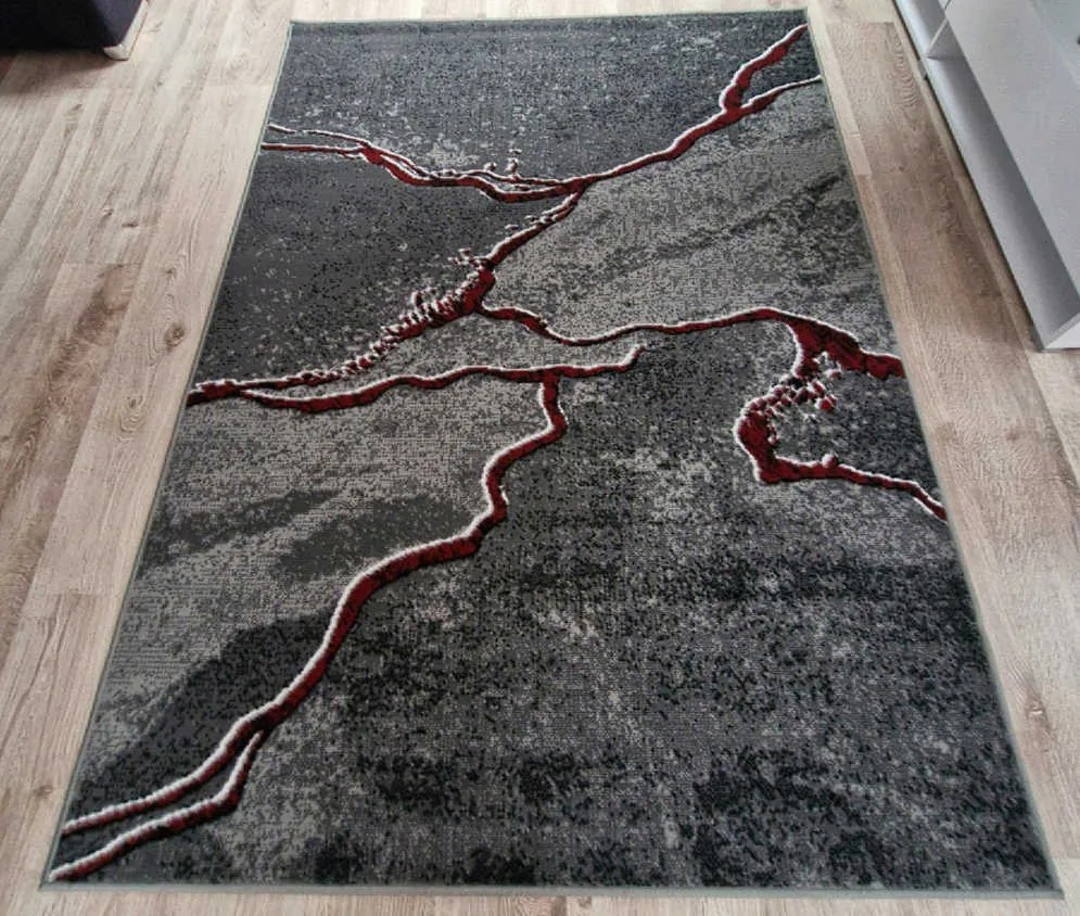 HU Šedý abstraktní obdélníkový koberec NEW IDEA 90321-0564 – imitace mramoru s červenými žilkami Rozměr: 50x80 cm