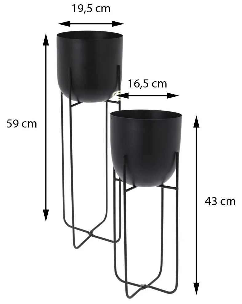 KOVOVÝ KVĚTINÁČ SE STOJÁNEM DONI SADA 2KS 59X19,5 CM+43X16,5 CM ČERNÁ