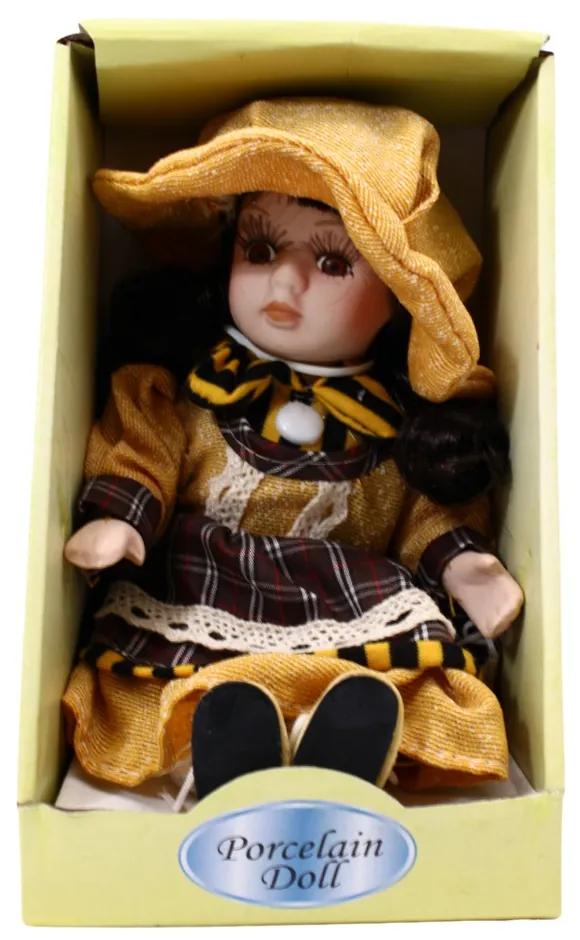 Dini Porcelánová panenka 20 cm, šaty kostka/žlutá, hnědé vlasy