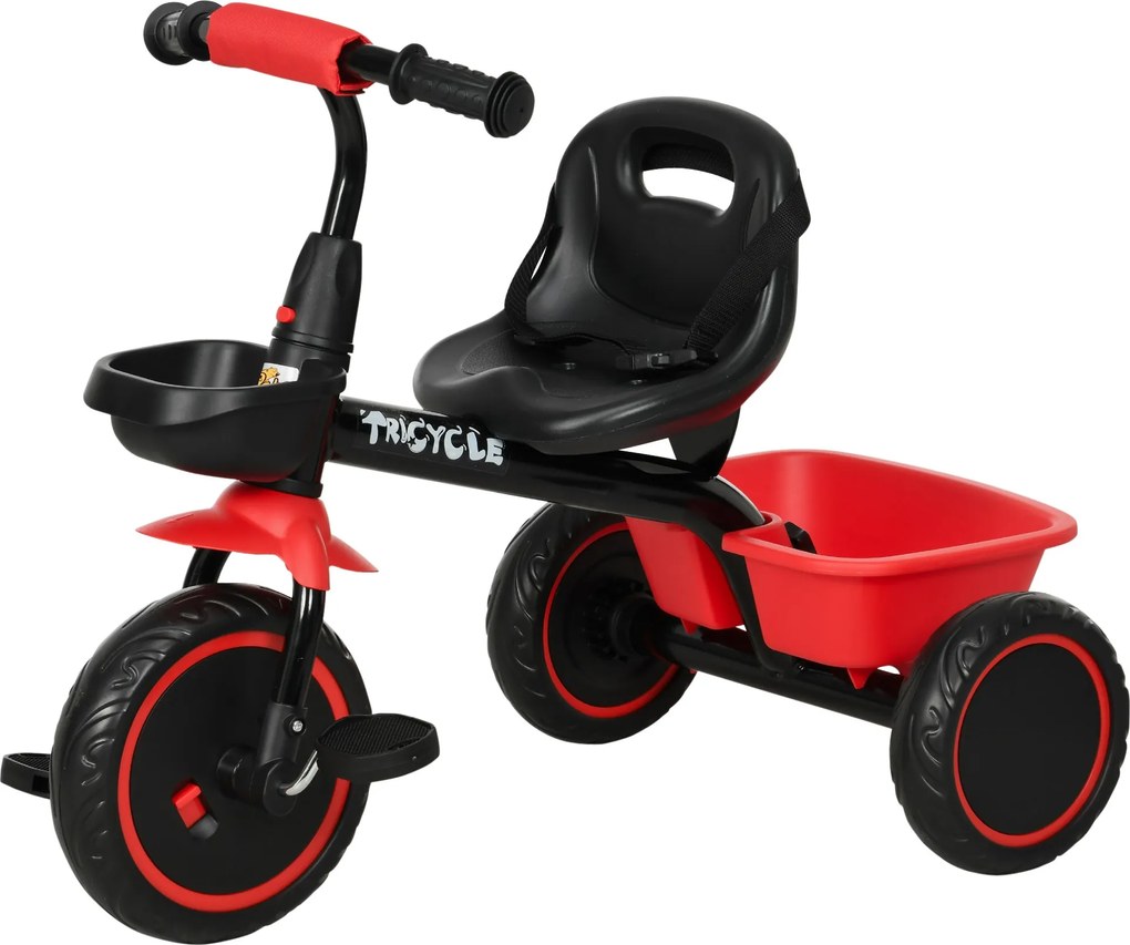 AIYAPLAY Tříkolka pro Děti s Pelvickým Pásem a Pedály, Košík na Kolo, Dětské Kolo s Nastavitelným Sedadlem pro Děti 2-5 Let Červená + Černá, 80 x 48 x