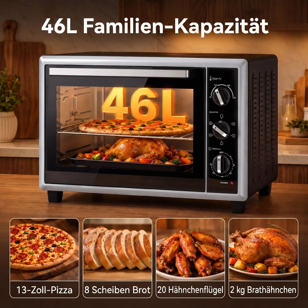 HOMCOM 46 L mini trouba s otočným špízem, ventilátorem, regulací teploty a časovačem, 1800 W, černá