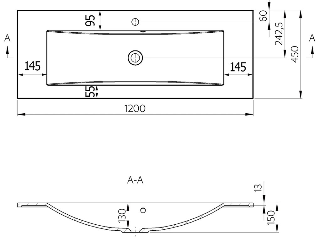 Sapho, YUKON umyvadlo 120x45cm, litý mramor, bílá, YU121