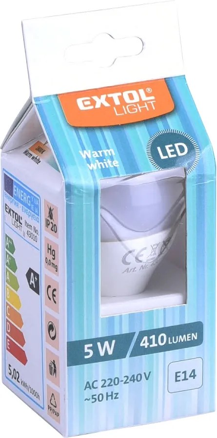 EXTOL LIGHT Žárovka LED mini, 5 W, 410 lm, E14, teplá bílá 43010