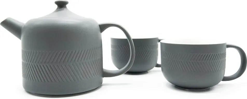 Porcelánová čajová souprava Hygge, konvice 0,9 l – matná taupe šedá, se 2 šálky, s plastickým vzorem