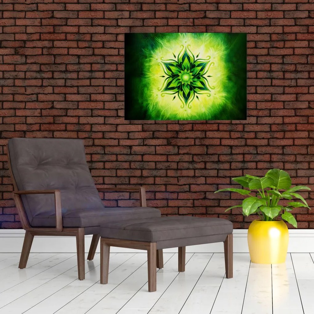 Skleněný obraz - Květinová mandala v zeleném pozadí (70x50 cm)