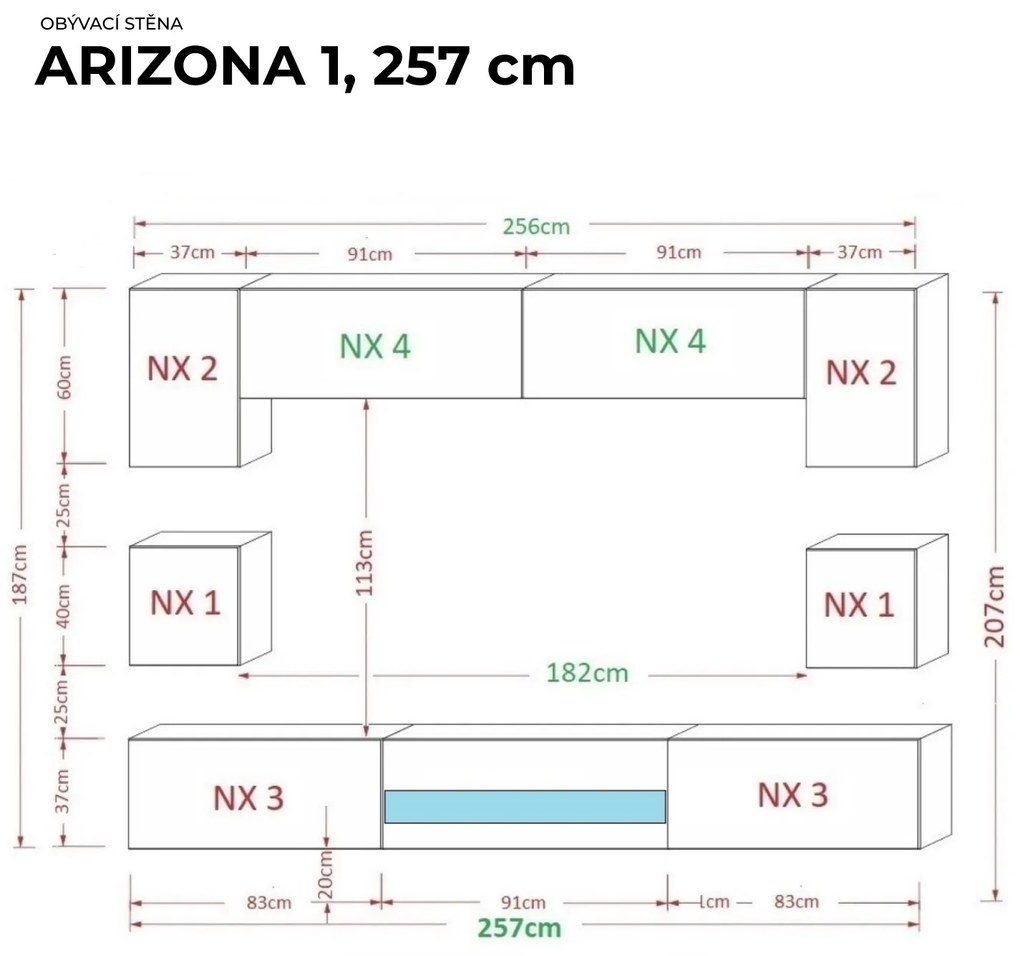 Ral Obývací stěna ARIZONA M, 257 cm - Bílý lesk