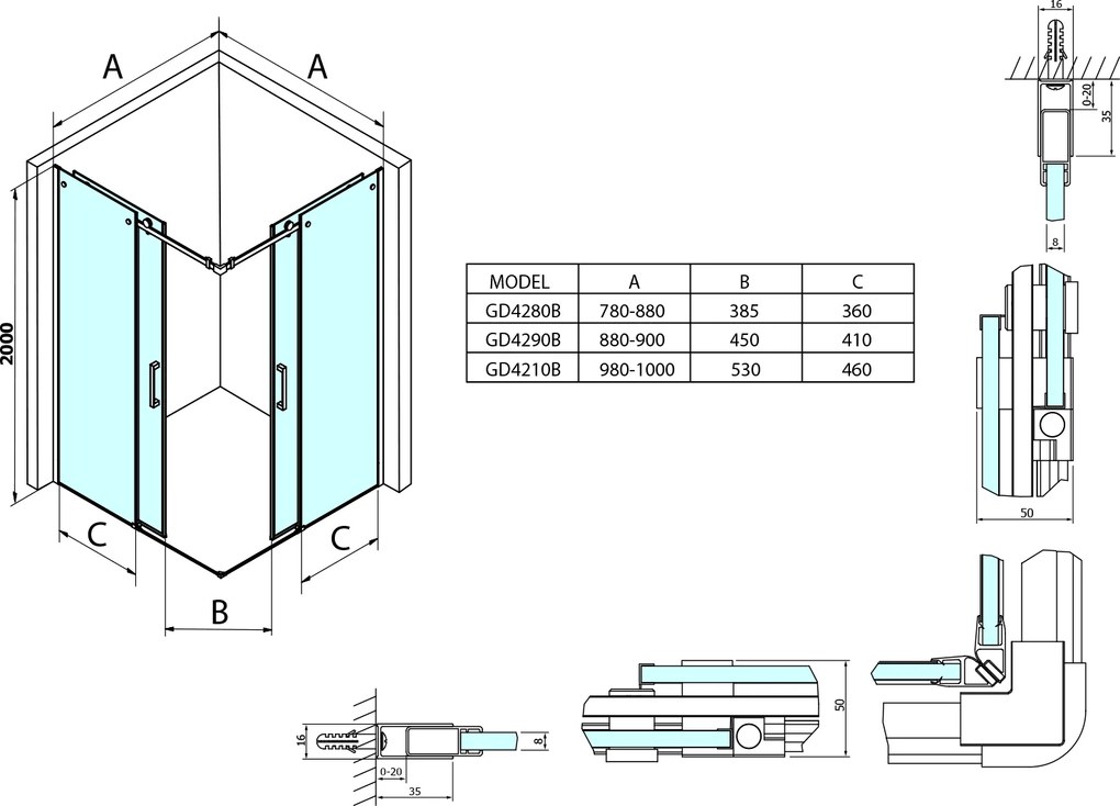 Gelco DRAGON BLACK čtvercový sprchový kout 1000 x 1000 mm rohový vstup GD4210B-01