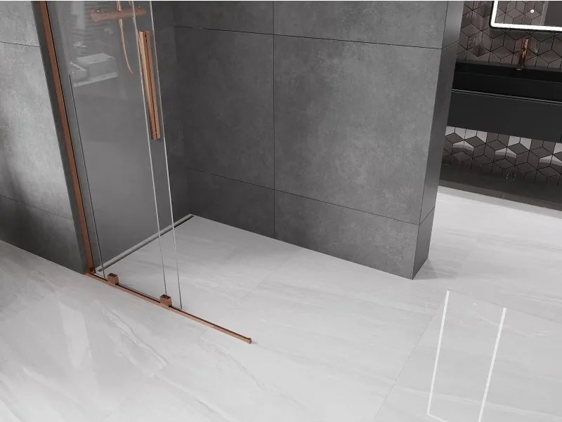Mexen Velar L, posuvná sprchová zástěna Walk-in 110 x 200 cm, 8mm čiré sklo, růžové zlato, 871-110-003-03-60