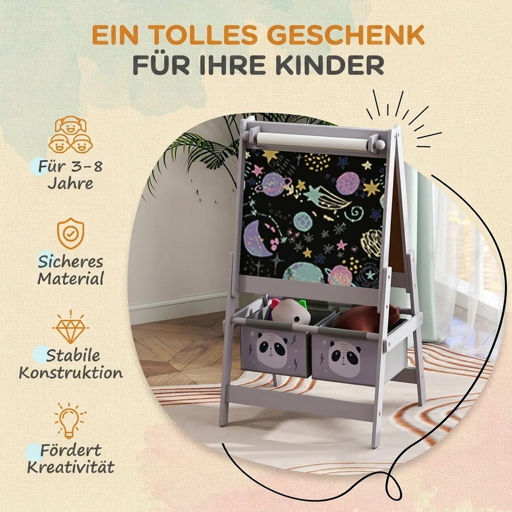 AIYAPLAY 3-v-1 dětská stojanová tabule s papírovou rolí, křídovou tabulí, bílou tabulí, úložnými koši, 54 x 46,5 x 93 cm, šedá
