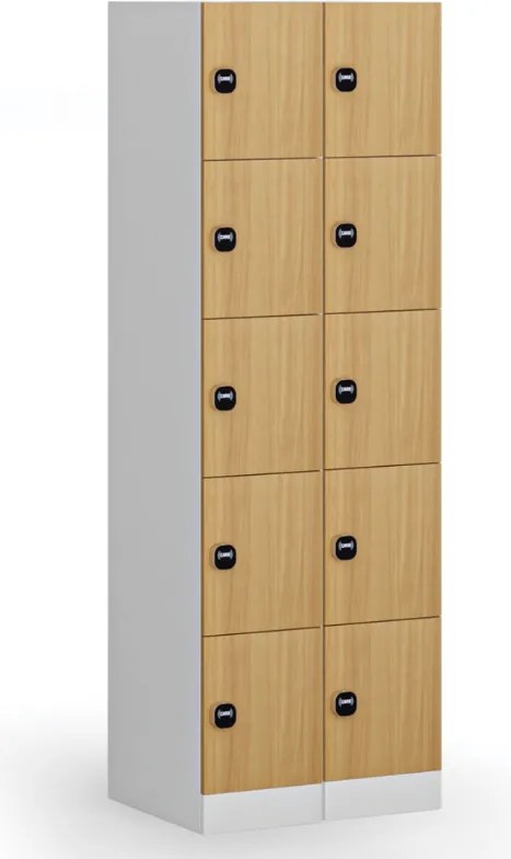 Šatní skříňka S1 s úložnými boxy, 5 boxů, 1850 x 300 x 500 mm, RFID zámek, laminované dveře, bříza