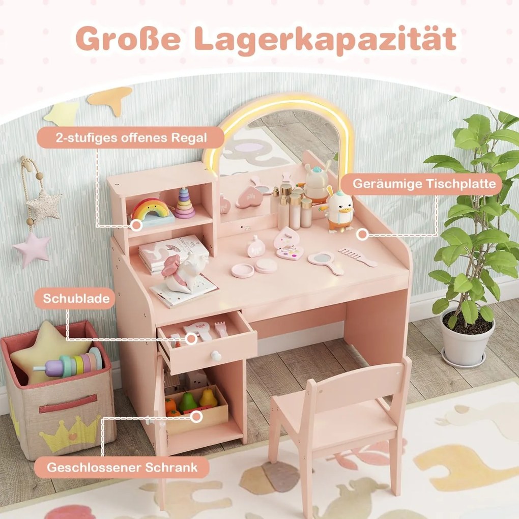 Costway Dětský kosmetický stolek s LED zrcadlem a taburetem, růžový