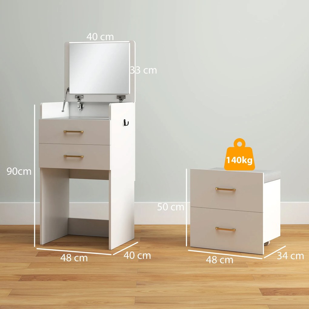 HOMCOM 3-v-1 Toaletní Stolek se Židlí - Toaletní Stolek s Zrcadlem, Zásuvkami a Skleněnou Deskou - Moderní Toaletní Stolek do Ložnice 48x40x90 cm Bílý