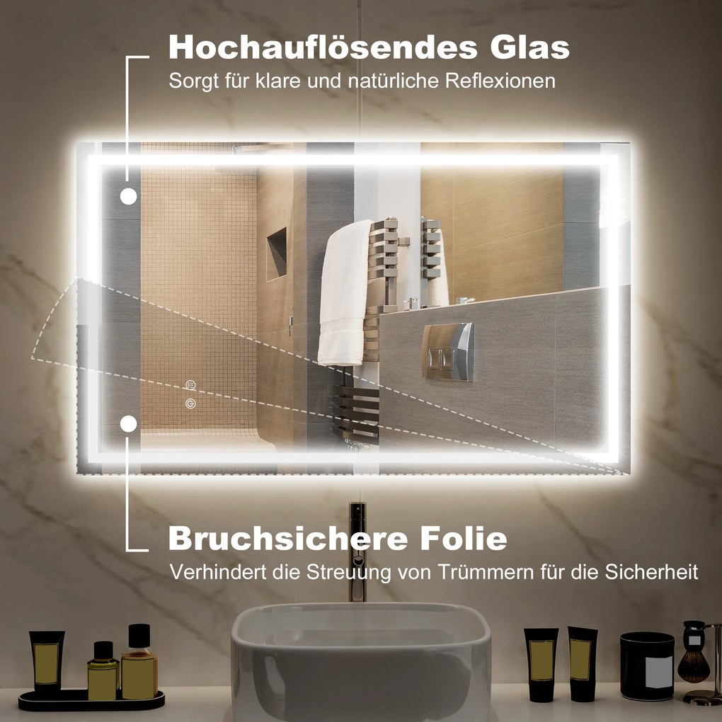 HOMCOM LED koupelnové zrcadlo, nastavitelná jasnost, funkce proti zamlžení, vodotěsné