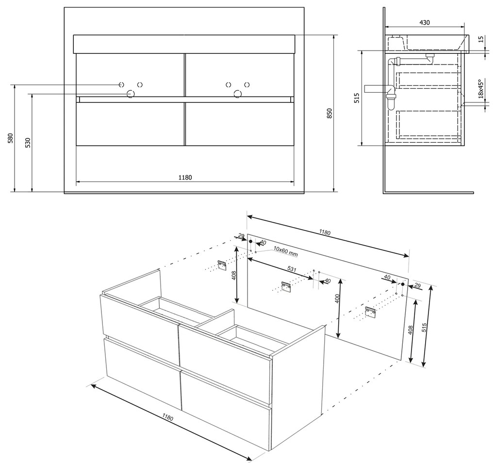 Sapho Sapho, FILENA umyvadlová skříňka 118x51,5x43cm, bílá mat, FID1212W