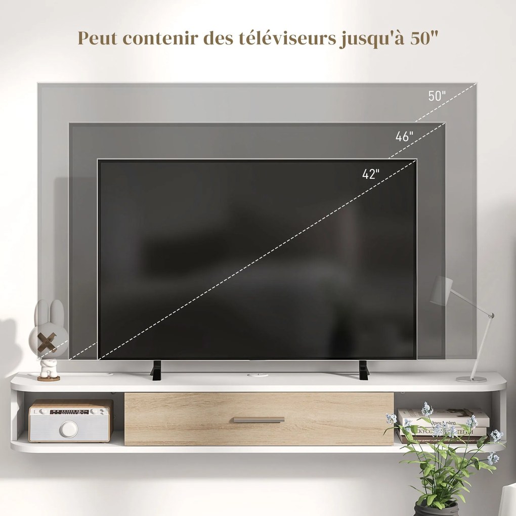 HOMCOM Nástěnný TV stojan, skříňka na TV pro televize až 50 palců s 2 otevřenými přihrádkami a skříňkou s klopným víkem 120L x 26W x 16H cm Bílá