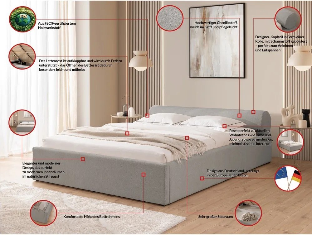 Světle šedá čalouněná dvoulůžková postel s úložným prostorem s roštem 160x200 cm Cille – Ropez