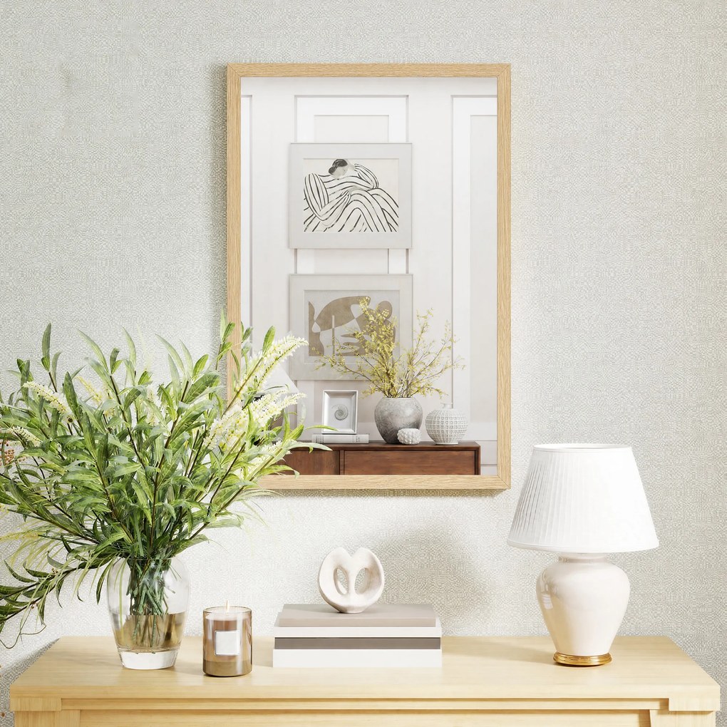 HOMCOM obdélné nástěnné zrcadlo 40 × 60 cm, rám v provedení přírodní dřevo — ideální do koupelny, obýváku nebo ložnice