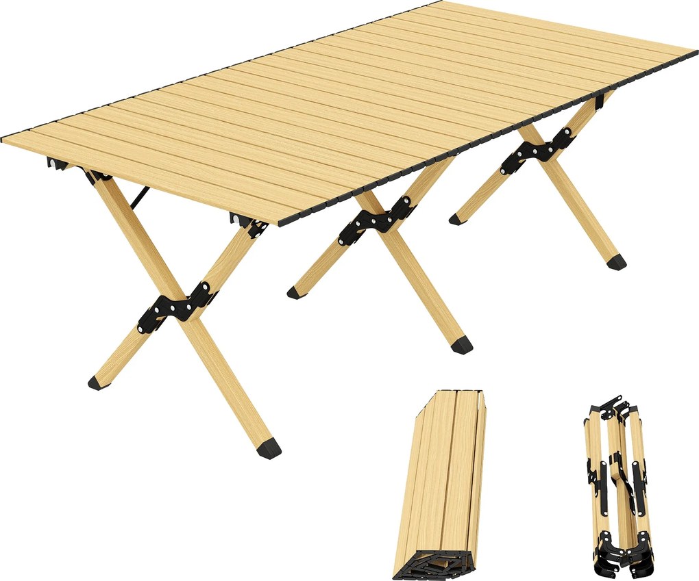 Outsunny kempingový stůl 117 × 60 cm – hliníkový skládací stůl s navíjecí deskou ve vzhledu dřeva, včetně obalu, voděodolný, lehký, nosnost 30 kg – du
