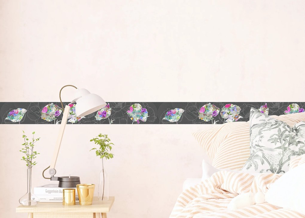 Samolepící bordura na zeď Barevné Květy na Šedém Podkladu | 5 m x 13.8 cm | DWB8246
