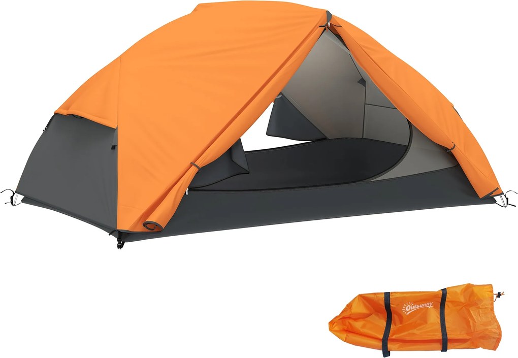 Outsunny Stan pro 2 osoby s 2 přístřešky, vodotěsný stan s 2 dveřmi, 2 okny se síťovinou, vnitřními kapsami a transportním vakem pro trekking, 280x225
