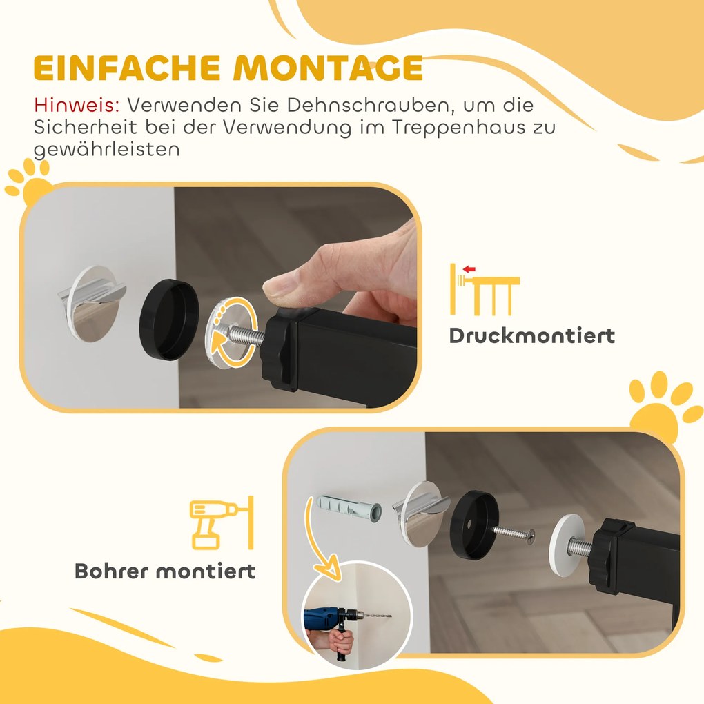 Bezpečnostní branka pro psy PawHut, 75-145 cm, nastavitelná, otevírání do dvou směrů, dvojité zamykání, montáž bez vrtání, ABS, ocel, černá| Aosom