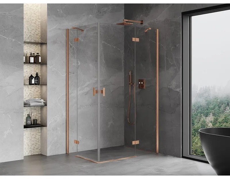 Mexen Mist-H Duo, 2-křídlý ​​výklopný sprchový kout 70 x 90 cm, čiré sklo, měděný matný profil, 8A5-070L-090P-65-00