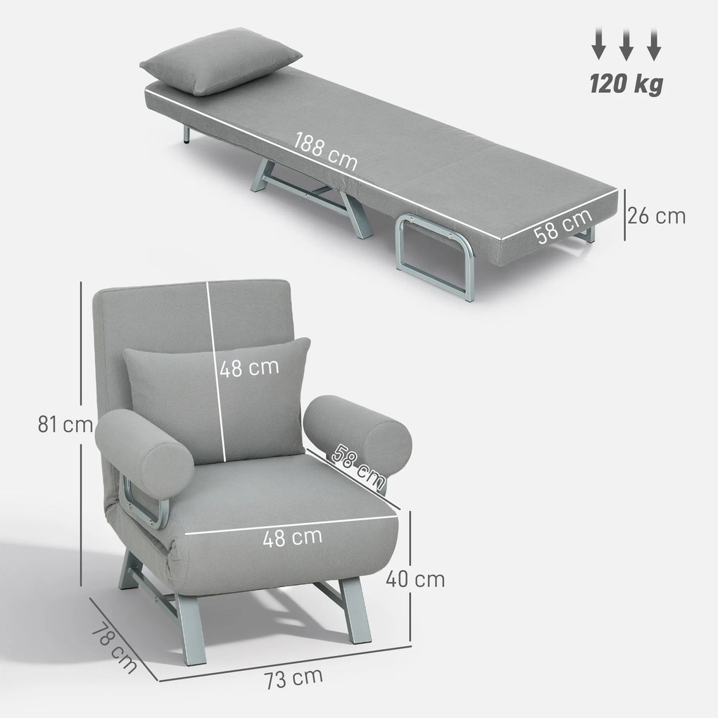 HOMCOM Rozkládací křeslo, čalouněné křeslo, přeměnitelné na postel pro hosty, ergonomické, světle šedé