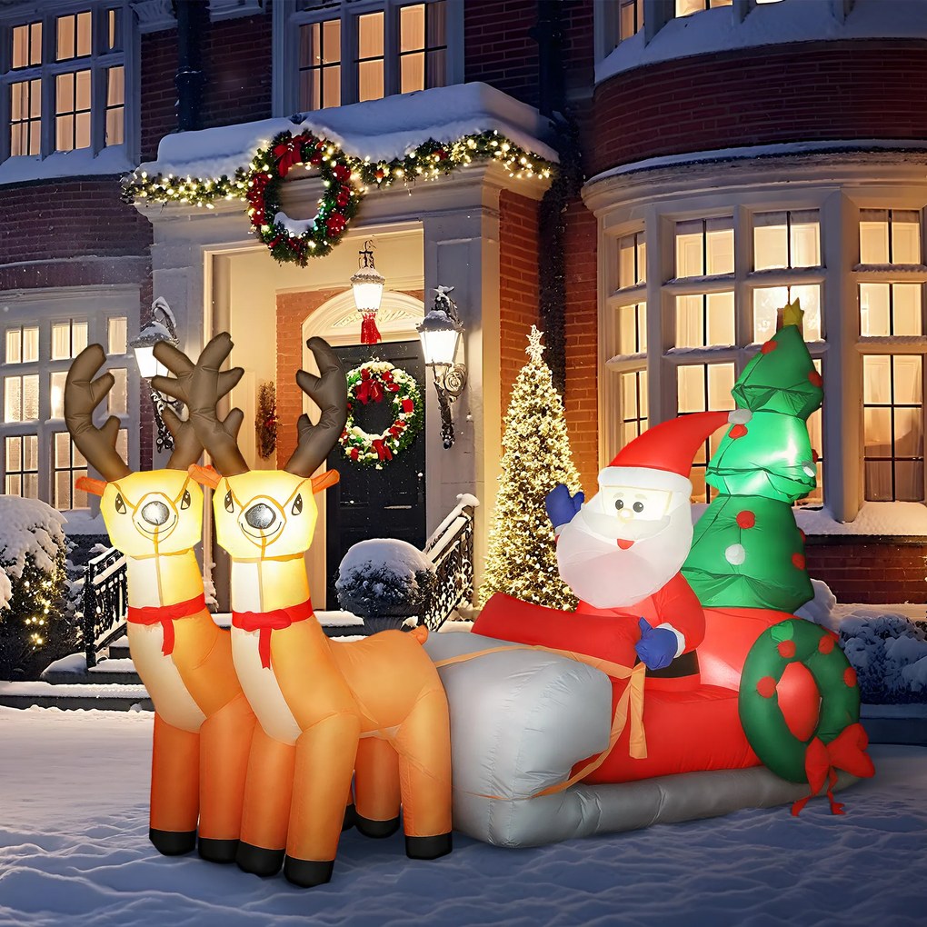 Outsunny Nafukovací vánoční dekorace, Santa Claus v sobím saních, polyesterová látka, LED světla, barevné