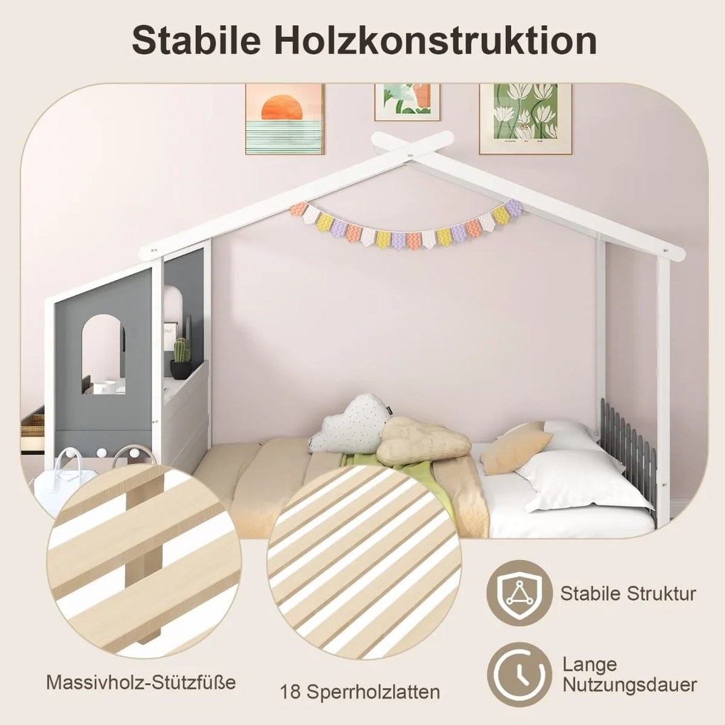 Costway Dvojlůžko ve tvaru House s psacím stolem a zásuvkami a 18 dřevěnými