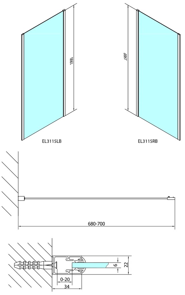Polysan Polysan, EASY BLACK sprchová boční stěna 700mm, čiré sklo, EL3115B
