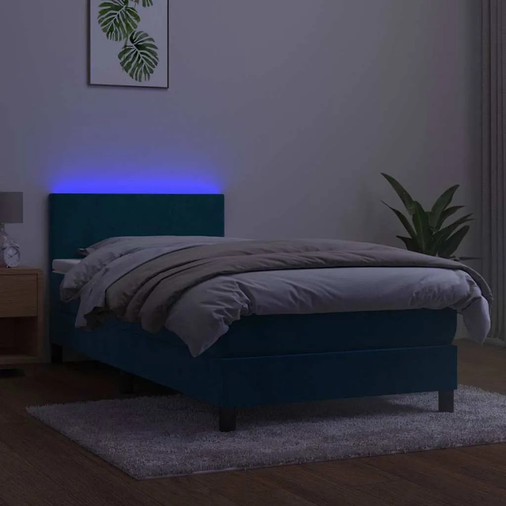 Box spring postel s matrací a LED tmavě modrá 100x200 cm samet 3134271